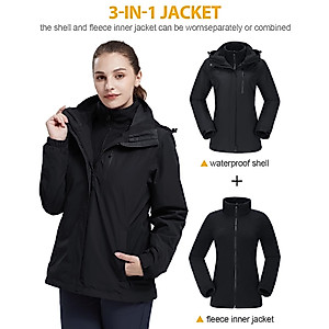 CAMEL CROWN Women's Waterproof Ski Jacket 3 in 1 Winter Coat Windbreaker Snowboard Jackets for Rain Snow Outdoor Hiking Black S