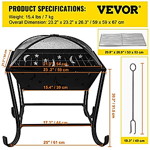 VEVOR BBQ Grill Fire Bowl, 24"x24" Wood Burning Pit, Solid Steel Wood Fire Pits, Wood Fire Pits Outdoor w/Spark Screen Cover, Fire Pits for Outside w/Stainless Steel Baking Net for Baking & Warming