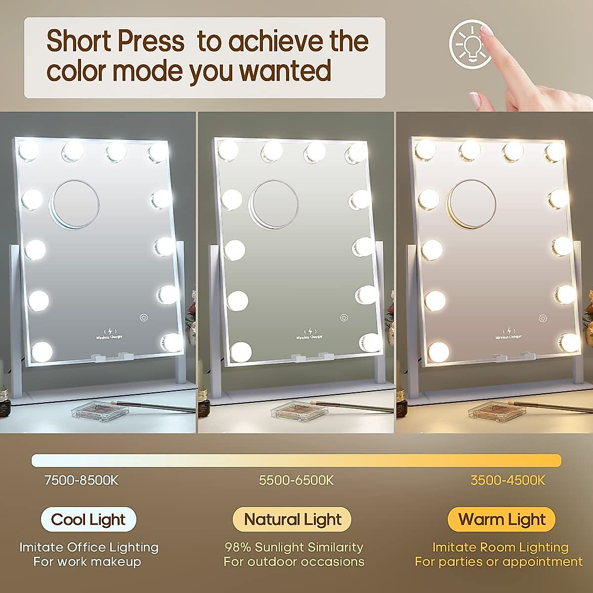 MISAVANITY Hollywood Vanity Makeup Mirror with Lights Vanity Mirror with Wireless Charger and 10X Magnification, Beauty Cosmetic Mirror with 12 LED Bulbs for Tabletop Dressing Room