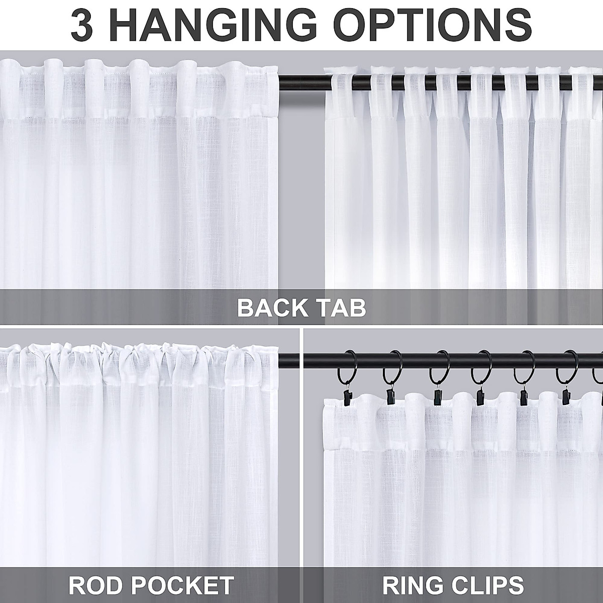 White Kitchen Cafe Curtains 24 Inch Length for Small Window Treatments 2 Panels Set Back Tab Pocket Top Tier Curtains Semi Sheer Linen Short Bathroom Curtains for Closet Door Coverings 30x24 Long