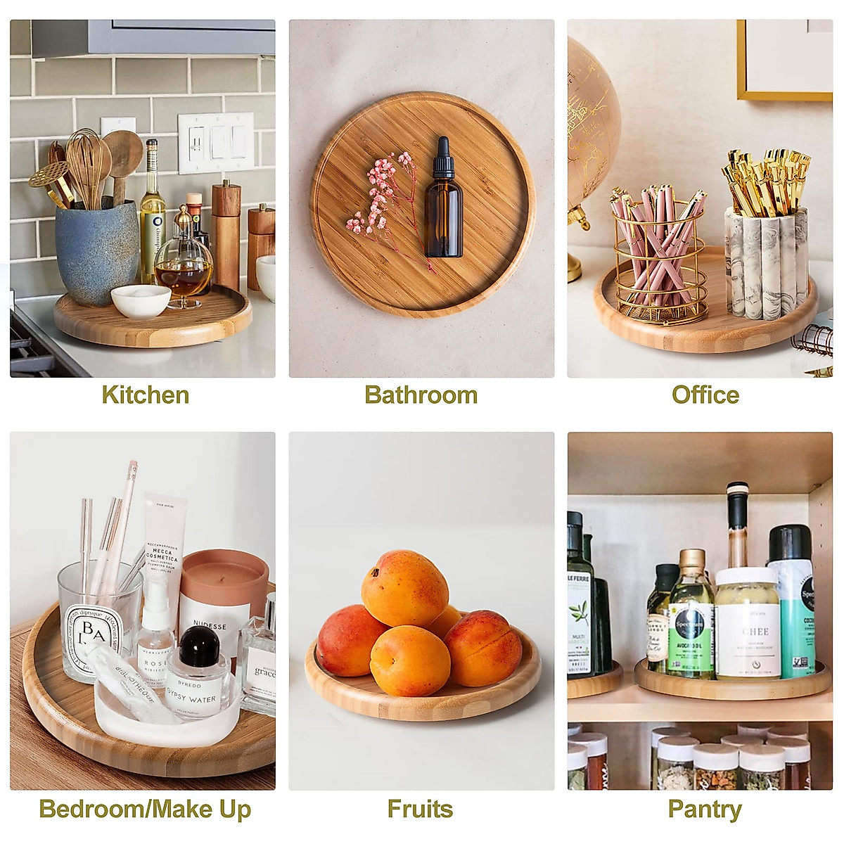 Lazy Susan Organizer, Kitchen Bamboo Turntable for Cabinet, Countertop Spices Organization and Storage, 360 Degree Rotating Vanity Tray for Pantry, Bathroom, Fridge, Under Sink Organizing