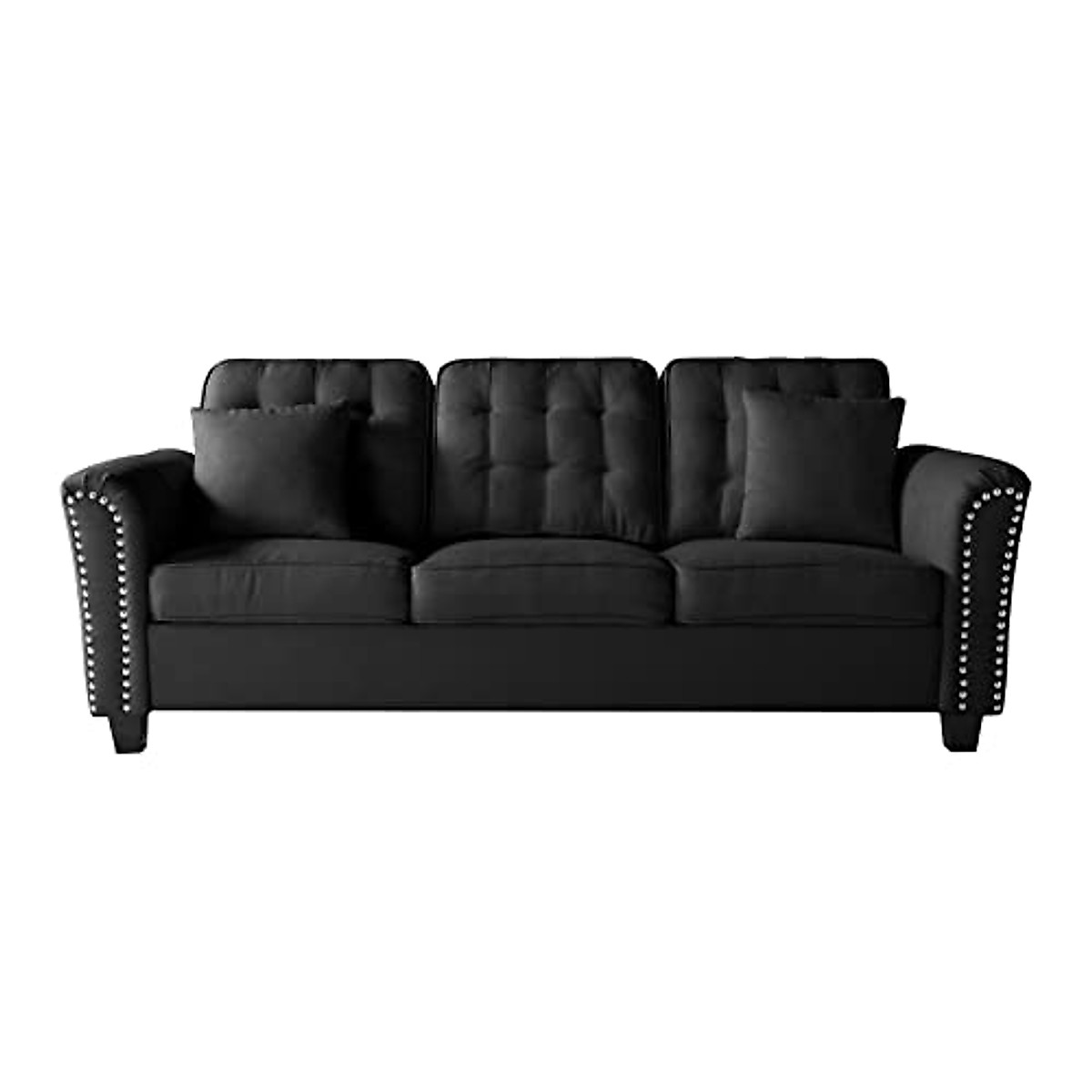 86.6” Flare Arm Polyester Upholstered Sofa with 2 Pillows - 3-Seater Couch for Living Room, Bedroom, Lounge, Office - Contemporary Design, Home Decor Furniture Accessory (Black)