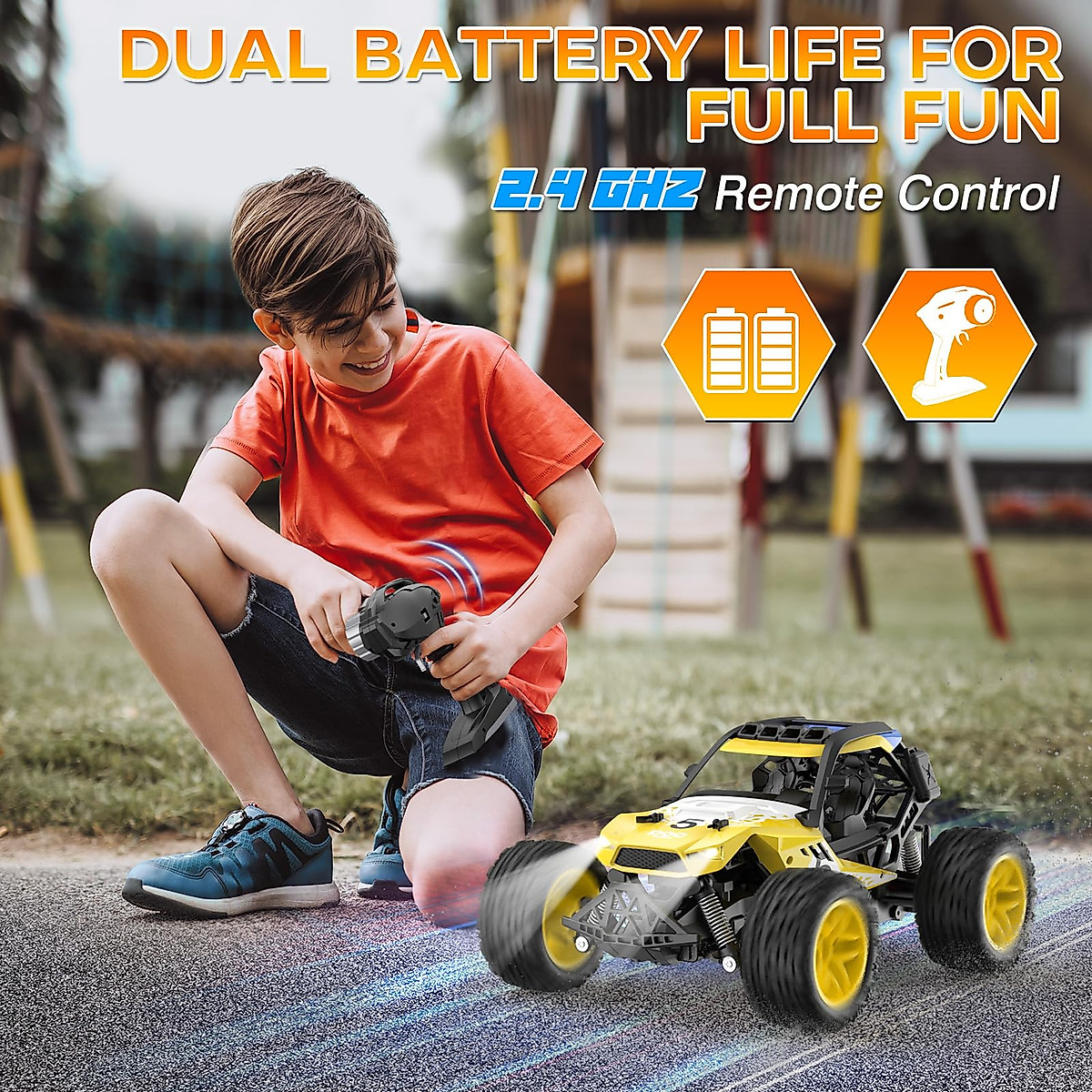 PKX 1:12 Large Remote Control Truck,12MPH (20KPH) High Speed Off-Road Monster Truck for Boys & 2 Batteries and LED Headlights, All Terrain 2.4 GHz Remote Control Car for Kids, Hobby RC Cars Toys Gifts