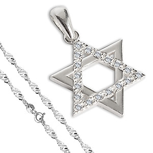 ICEBERRY Jewish Star of David Necklace for Women - Dainty 925 Sterling Silver Cubic Zirconia 6 Point Star Pendant with Singapore Chain 19.7"- Judaica Hebrew Jewelry (White)
