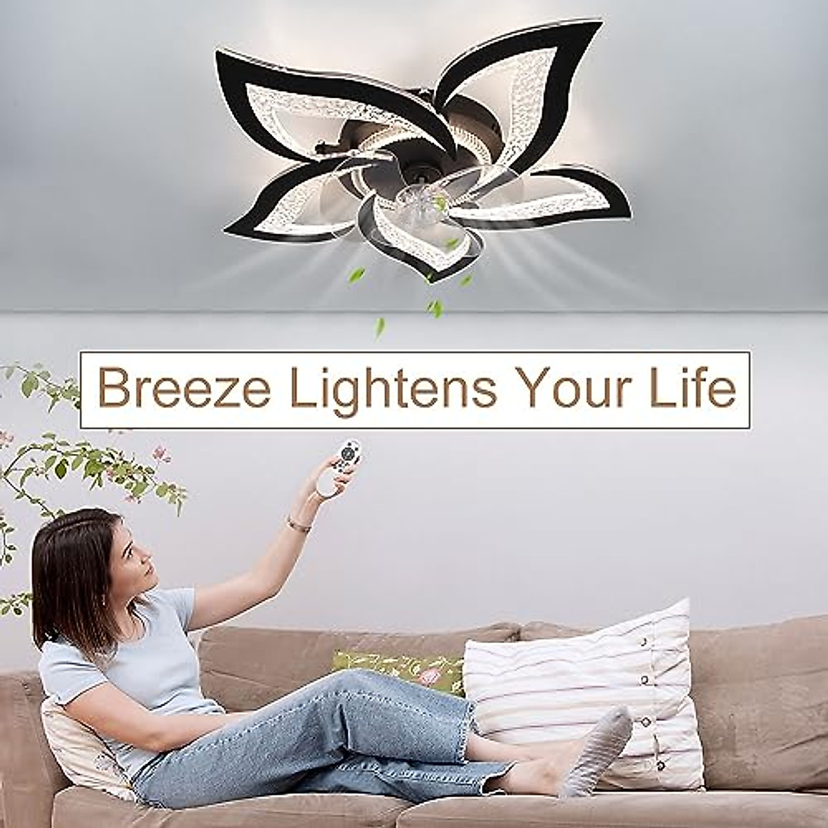 SUNOVO Low Profile 28" Dimmable Flower Ceiling Fan Flush Mount LED Fandelier Remote 6 Speeds Hidden Blade Bedroom Bubble Bauhinia SPT-2