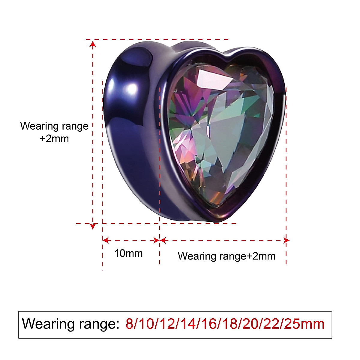 PUNKYOUTH Surgical Steel Heart-Shaped Zircon Double Flared Ear Tunnels And Plugs Stretcher Expander Sold As Pair Gauge 8mm-25mm