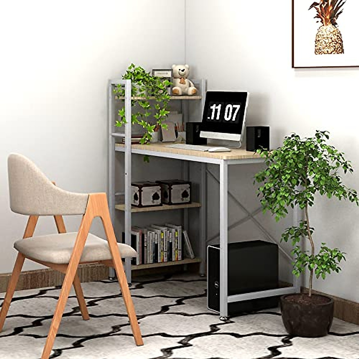 4NM 35" Small Computer Desk with 4-Tier Bookshelf, Home Office Desk Writing Workstation Study Table Multipurpose for Small Space Work - Natural and White