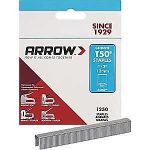 Arrow 508 Heavy Duty T50 1/2-Inch Staples for Upholstery, Construction, Furniture, Crafts, 1250-Pack