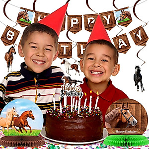 29 Pieces Horse Party Decorations Horse Birthday Banners Horse Hanging Swirls Hanging Cards Cupcake Toppers Honeycomb Centerpiece for Birthday Party Supplies