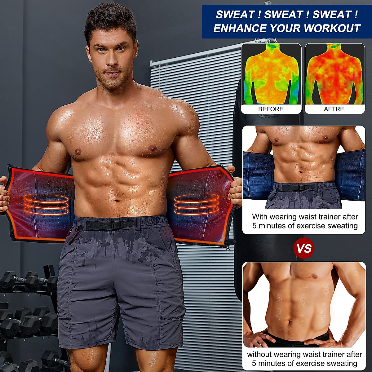 MOLUTAN Waist Trainer for Men Waist Trimmer with Adjustable Sweat Belt Back Support Corset Compression Girdle Sauna Suits Black