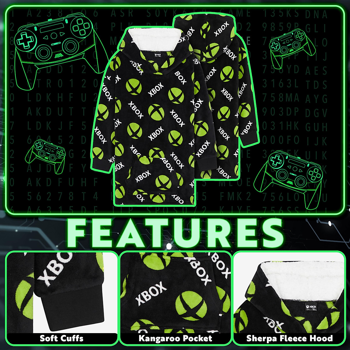 Xbox Fleece Blanket Hoodie for Boys and Teenagers - One Size Cosy Kids Oversized Hoodie Blanket - Gamer Gifts for Boys