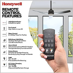 Honeywell Ceiling Fans Lynton, 52 Inch Indoor Outdoor Ceiling Fan with Color Changing LED Light, Remote Control, Matte Black High Performance Blades, Reversible Airflow - 51854-01 (Black)