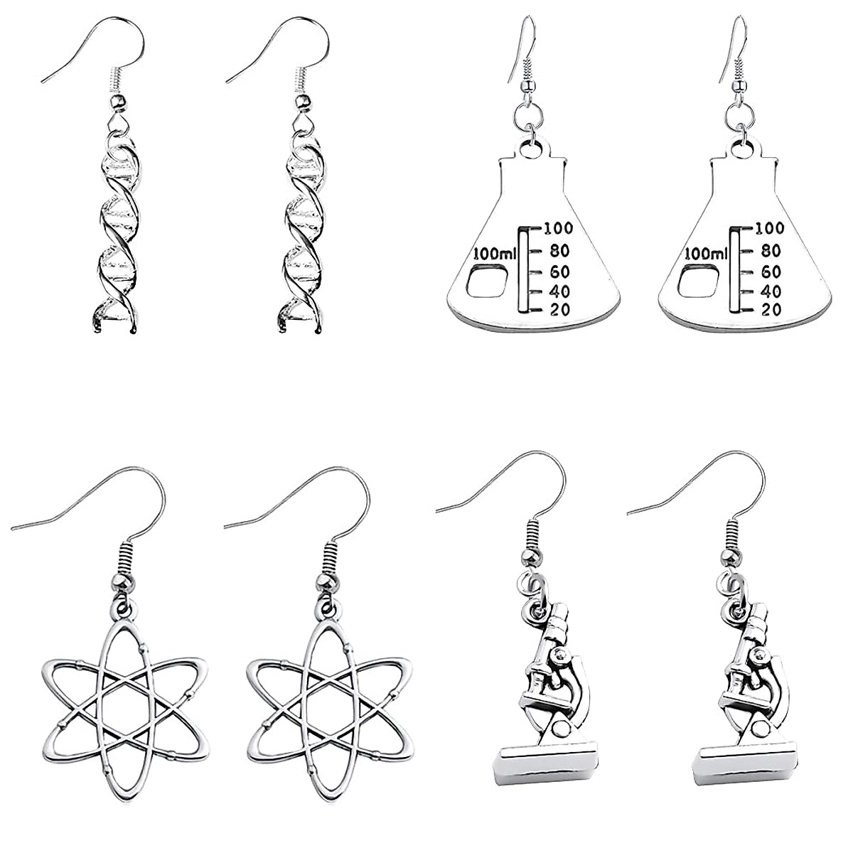 DIYANMMY 4 Pairs Unique Charm Electroplating Alloy Earrings Fashion Individual Bottle Hexagonal Gene Sequence and Microscope Earrings Punk Simulation Gift (4PAIR Alloy Earrings)