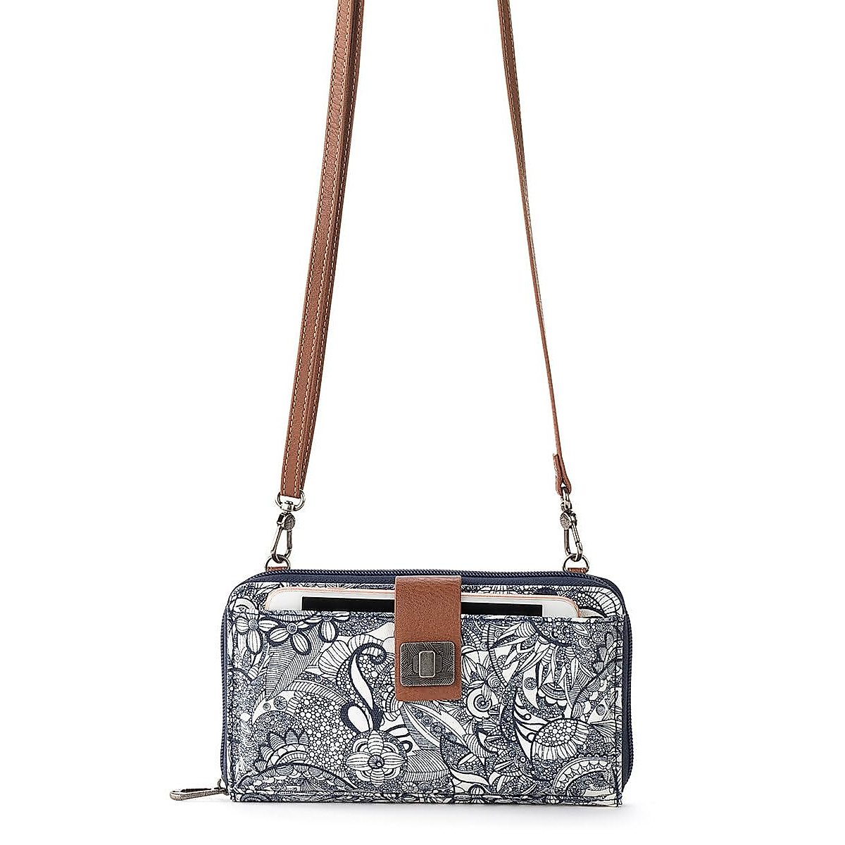 Sakroots Artist Circle Smartphone Crossbody in Coated Canvas, Detachable Wristlet Strap, Navy Spirit Desert II