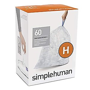 simplehuman CW0286 code H Custom Fit Bin Liner Bulk Pack, Clear Plastic (3 Pack of 20, Total 60 Liners)