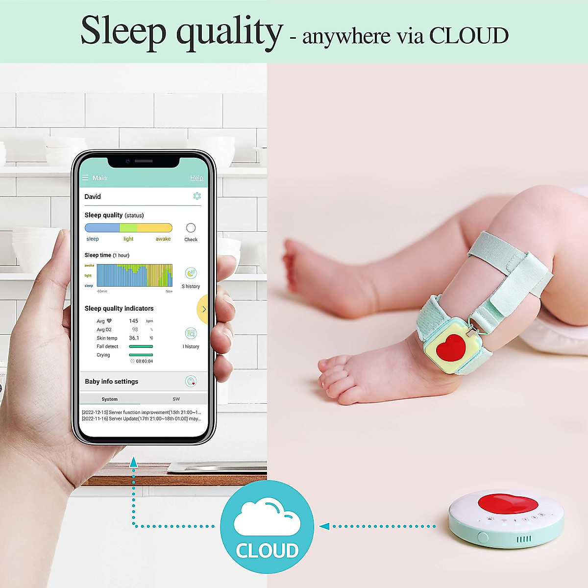AIMON Smart Band Baby Monitor - Tracks Heart Rate, Average Oxygen as Sleep Quality Indicators. Tracks Temperature, Falling and Crying Too. Has 2 Sizes(Small+Large) for 0~35months.