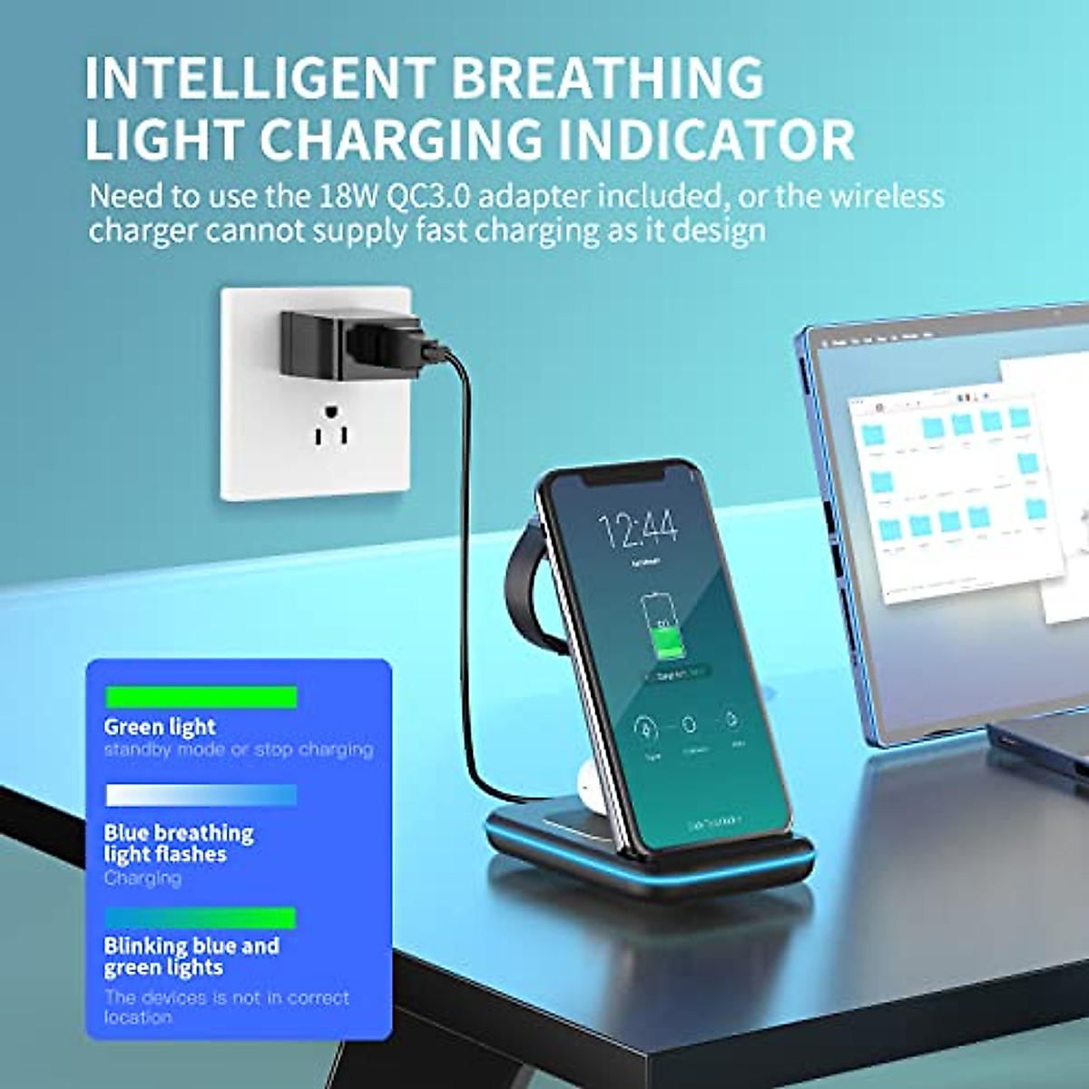 Wireless Charging Station, MSTJRY 3 in 1 Wireless Charger Stand Portable Designed for Apple Products Multiple Devices iPhone iWatch S7 SE S6 S5 S4 S3 S2 Airpods UL Certified Power Adapter Included