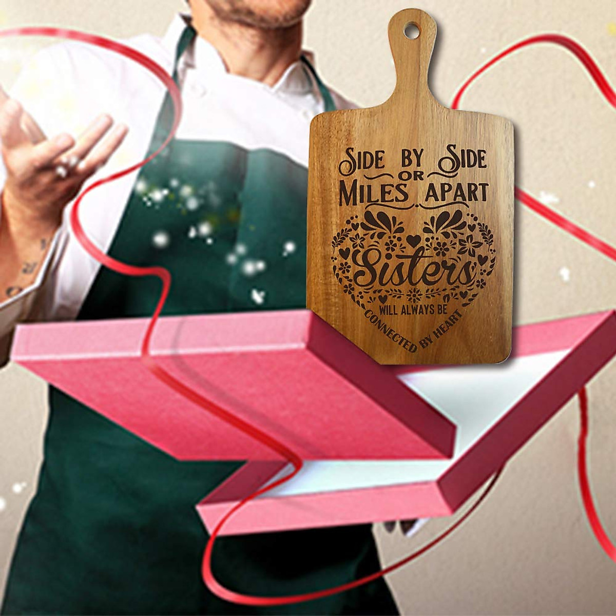 FOUR ORANGUTANS Side By Side Or Miles Apart Sister Funny Engraved Cutting Board, Funny Farmhouse Kitchen Gift, Birthday Gift for Women, Sister,Christmas Gifts