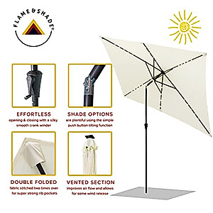 FLAME&SHADE 6.5 x 10 ft Rectangular Solar Powered Outdoor Market Patio Table Umbrella with LED Lights and Tilt, Ivory