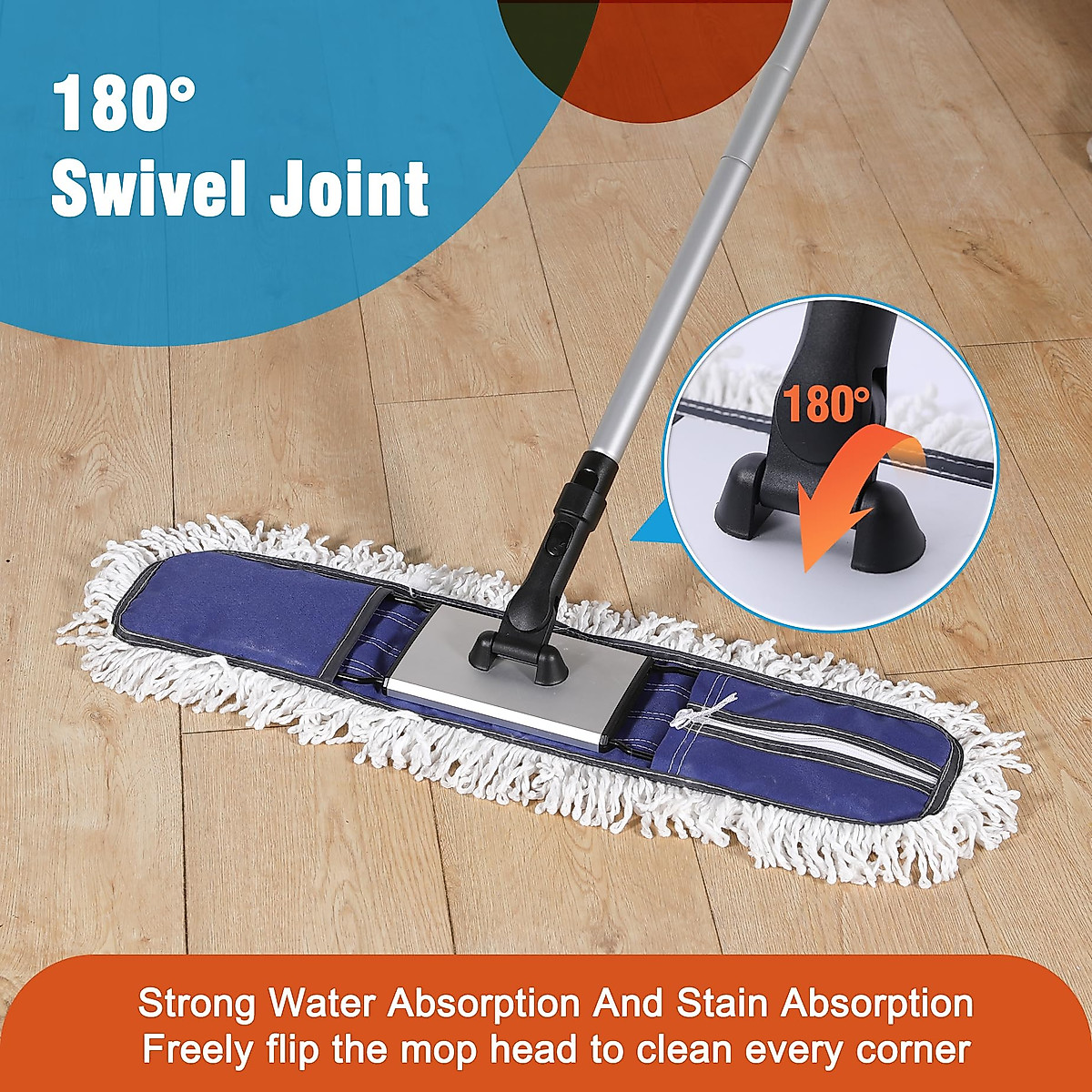 CLEANHOME 24" Commercial Dust Mop for Floor Cleaning, Heavy Duty Duster Floor Mop with 59” Extendable Long Handle,Hotel Gym Garage Hospital Household Cleaning Supplies for Hardwood,Marble Floors,Blue