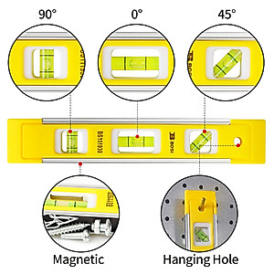 B BOSI TOOLS 9 Inch Magnetic Torpedo Level, Magnetic Box Level 45°/90°/180° Bubbles, Small Level Tool for Measuring