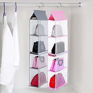 KEEPJOY Closet Purse Organizer, Hanging Handbag Organizer with 4 Heavy-Duty Mesh Shelves Closet Purse Storage Bag (Pink)