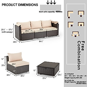 HOMREST 6 Pieces Patio Furniture Sets, Rattan Daybed with Retractable Canopy, Outdoor Sectional Sofa Set with Adjustable Backrest, Chaise Chair Sunbed for Garden Poolside Backyard (Khaki)