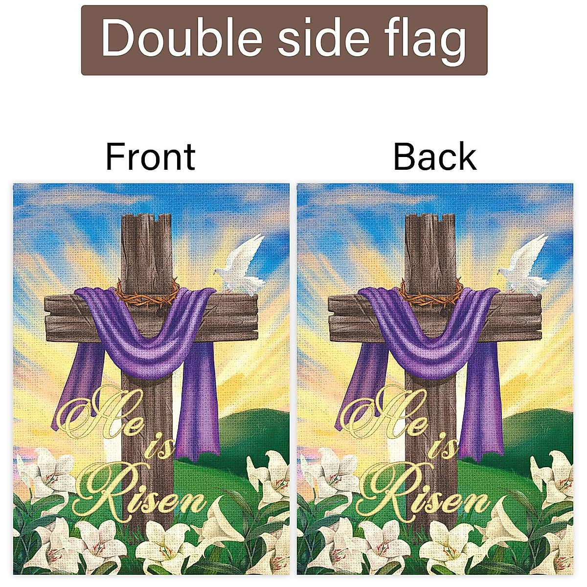 Louise Maelys Easter Garden Flag 12x18 Double Sided Burlap, Small Vertical He is Risen Easter Cross Garden Yard Flags for Easter Spring Christmas Outdoor Outside Decoration (ONLY FLAG)