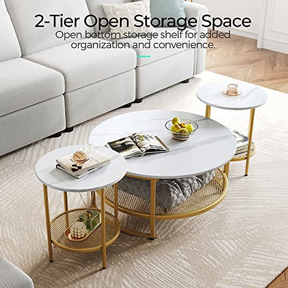 LINSY Home Round Coffee Table Set of 3 for Living Room, Modern Coffee Table with Open Storage, Wood Surface Top & Sturdy Metal Legs Large Circle Coffee Table, White and Gold