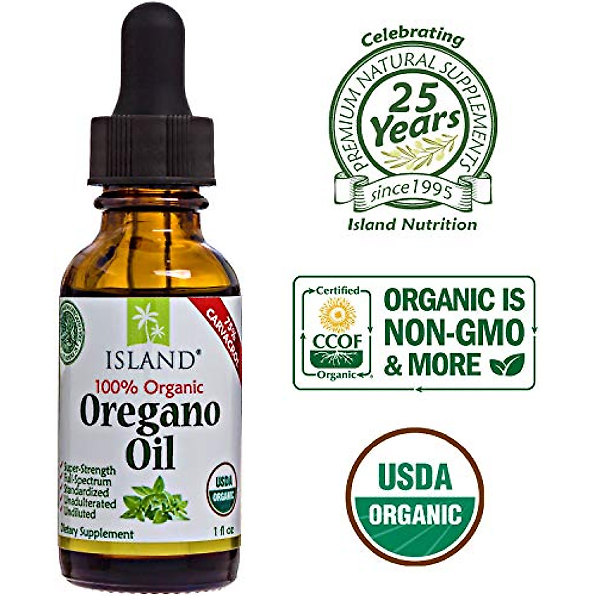 Island Nutrition, Oregano Oil Organic Liquid Drops - 100% Pure & Undiluted - USDA-Certified Organic (1 oz) 75% Carvacrol - Grown in Spain - Immune Support Supplement with Oil of Oregano.