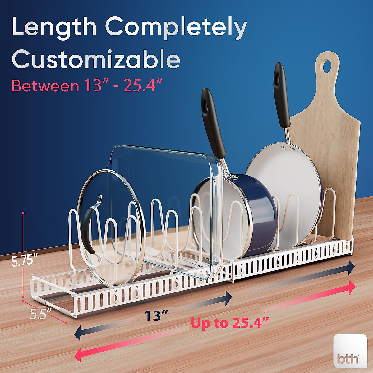 Better Things Home 12+ Expandable Pan and Pot Lid Organizer Rack for Cabinet, Pot Lid Holder Pot Organizers Inside Cabinet, Pots and Pans Organizer Under Cabinet (Off White, LID ORGANIZER)