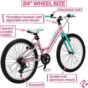 Revere Kids 24" Girls 7-Speed Cruiser Children's Bicycle for Ages 7-11 Years Old. Lightweight Aluminum Frame and Fork, Easy to Ride! (Pink/Cyan)