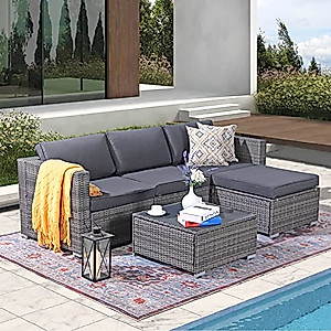 Patiorama 5 Piece Outdoor Patio Furniture Set, Outdoor Sectional Conversation Set, All-Weather Grey PE Wicker w/Dark Grey Cushions, Outdoor Backyard Porch Garden Poolside Balcony Furniture Set
