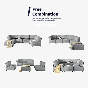 ZAFLY Modular Sectional Sofa Couch, U/L Shaped Couch with Oversized Seats, Ottoman, Convertible Modern Linen Fabric Reversible Chaise, Sofa Sleeper for Living Room, Apartment 120.4" W (Light Gray)