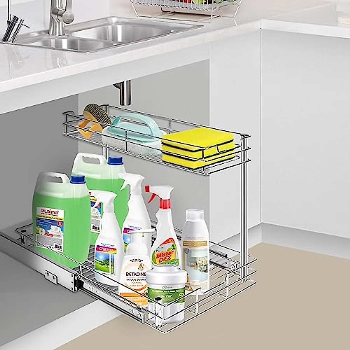 2 Tier Pull Out Cabinet Organizer, 20.7" D x 12.7" W x 13.9" H, Heavy Duty, Under Sink Slide Out Storage, Sliding Wire Drawer Base Cabinet for Kitchen Bathroom Pantry, Chrome