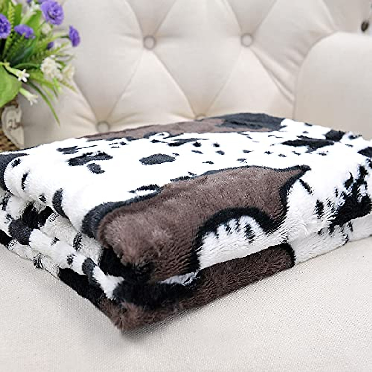 Home Soft Things Cow Print Blanket Throws Animal Black White Brown Throw for Chair Bedroom Living Room Sofa Couch Bed Outdoor Double Sided Faux Fur Fleece Soft Cozy Throw Blanket, 50" x 60"