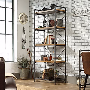 Sauder Iron City Tall Bookcase/Book Shelf, Checked Oak Finish