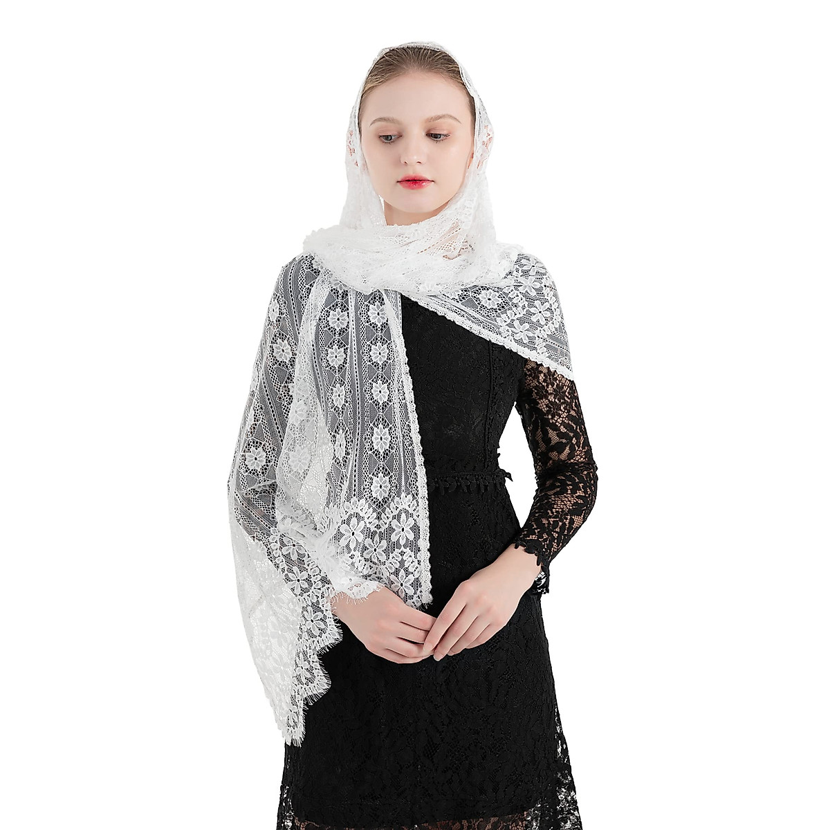 PAMOR Women Chapel Veil Rectangular Mantilla Wrap Shawl Scarf Head Covering Catholic Veils for Church (White)