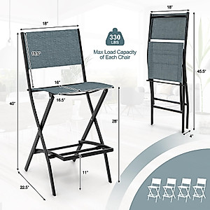 Giantex Folding Patio Bar Chairs Set of 4, Outdoor Counter Height Bar Stools with Footrest & Back, All-Weather Textilene, Metal Frame, for Porch Deck Lawn Garden, Light Blue