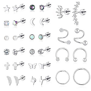 PLOMFOV 20G Stainless Steel Stud Earrings Set for Women Men CZ Leaf Heart Star Moon Butterfly Flat Back Earrings Cartilage Earrings Stud Hoops 16G Helix Tragus Earrings Piercing Jewelry Silver Tone