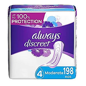 Always Discreet, Incontinence & Postpartum Pads For Women, Size 4, Moderate Absorbency, Regular Length, 66 Count x 3 Packs (198 Count total)