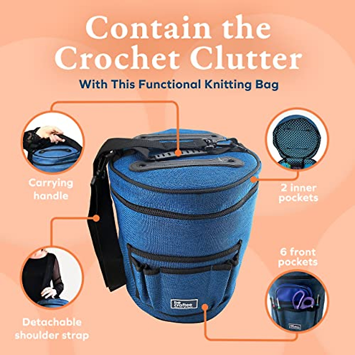 BeCraftee XL Crochet Bag - Large Craft Organizer to Store Crocheting & Knitting Supplies - Portable Yarn Storage with 7 Pockets for Tools, Shoulder Strap and Handle - Blue | Easy to Carry, Tangle Free
