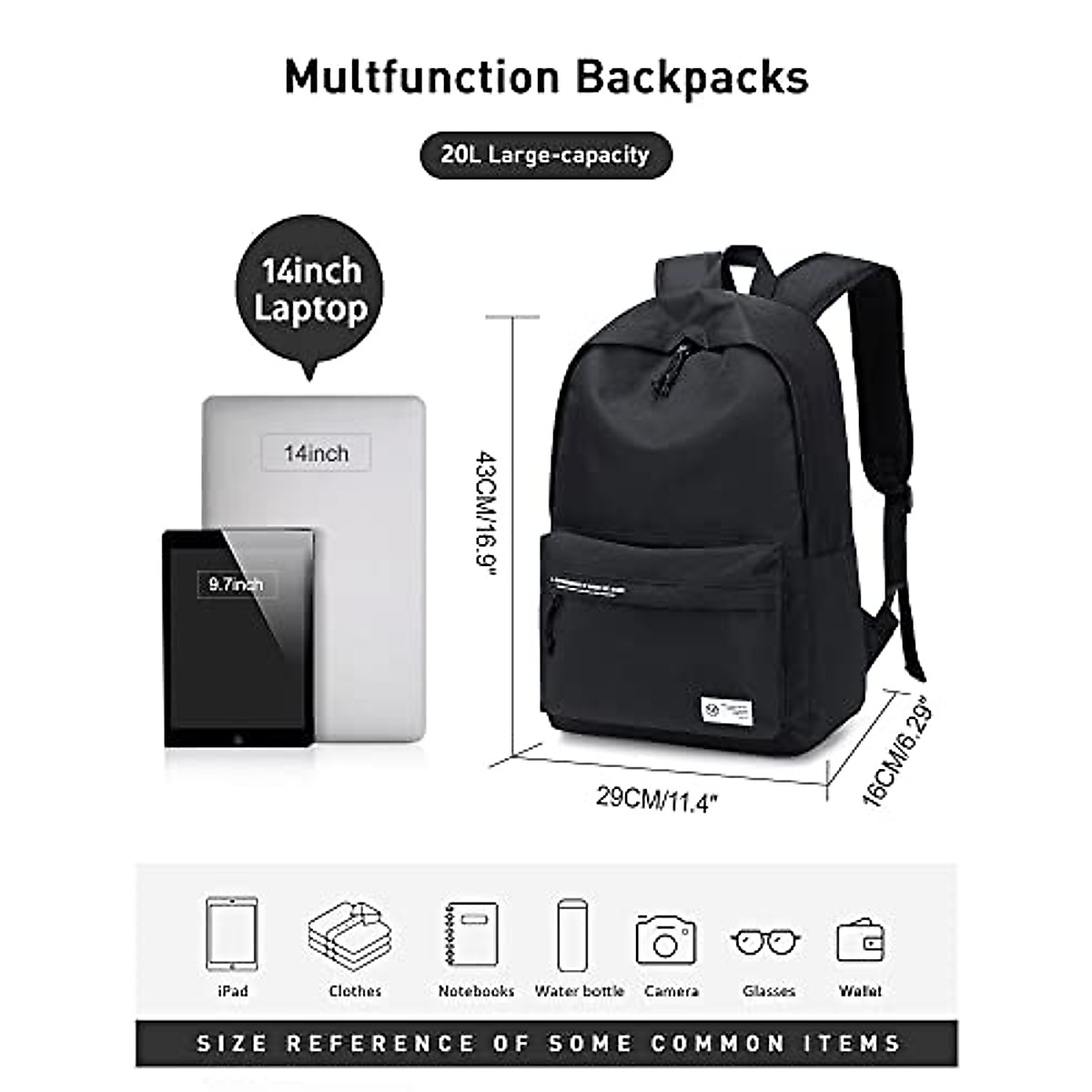 CAMILLEMMA Black Simple Cute Backpack for Teen Girls Boys, Casual Daypack High School Bookbag for Women Men, Lightweight Travel Laptop Back Pack Classic Basic College Backpack