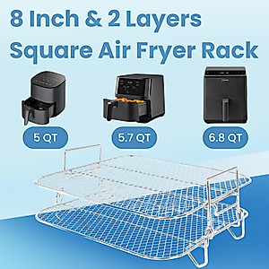 8 inch Square Air Fryer Rack, Lancisism 2 Layers Stainless Steel Dehydrator Rack Grill Square Air Fryer Accessories-8.27×8.27×3.6inch