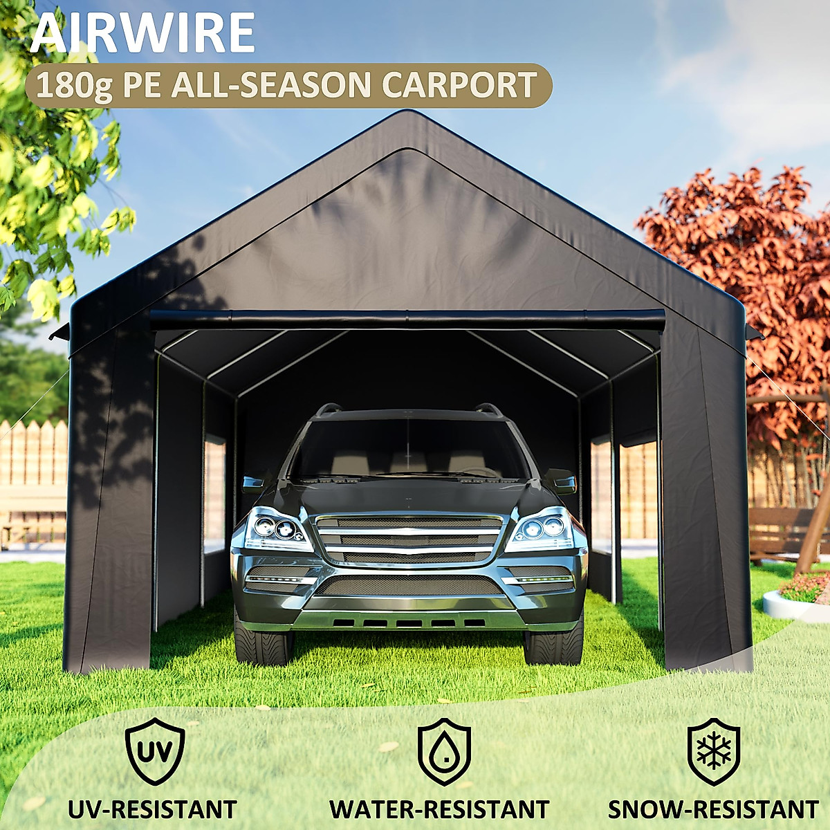 AirWire Carport 12' x 20' Heavy Duty Portable Garage, Carport Canopy with Side-Opening Door & Roll-Up Windows, Car Canopy Reinforced Four-Hole Base for Car, Truck, Boat, Party, Black