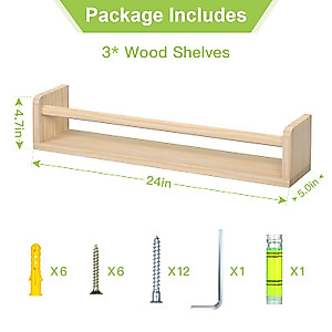 ZCO Floating Nursery Book Shelves for Wall Set of 3, 24 Inch Wall Mounted Wood Book Shelf for Living Room, Bedroom Decor, Kitchen Spice Rack, Small Farmhouse, Natural