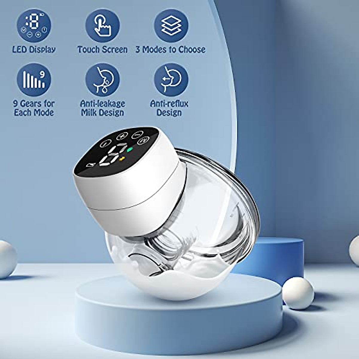 Akaho Wearable Breast Pump, Low-Noise and Painless Hands Free Electric Breast Pump with 3 Mode & 9 Levels, 24mm Default and Come with 6 Flanges (White-Double)