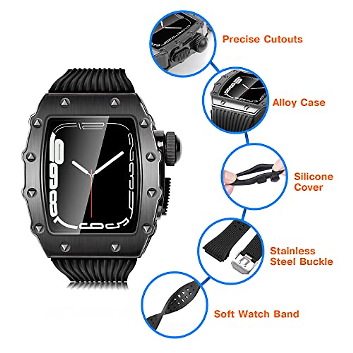 Metal Case for Apple Watch 7 45mm Band with Cover, Heavy Duty Rugged Case Glass Screen Protector Silicon Strap for iWatch Series 7 45mm Accessories Men's Full Protective Cover (Black)