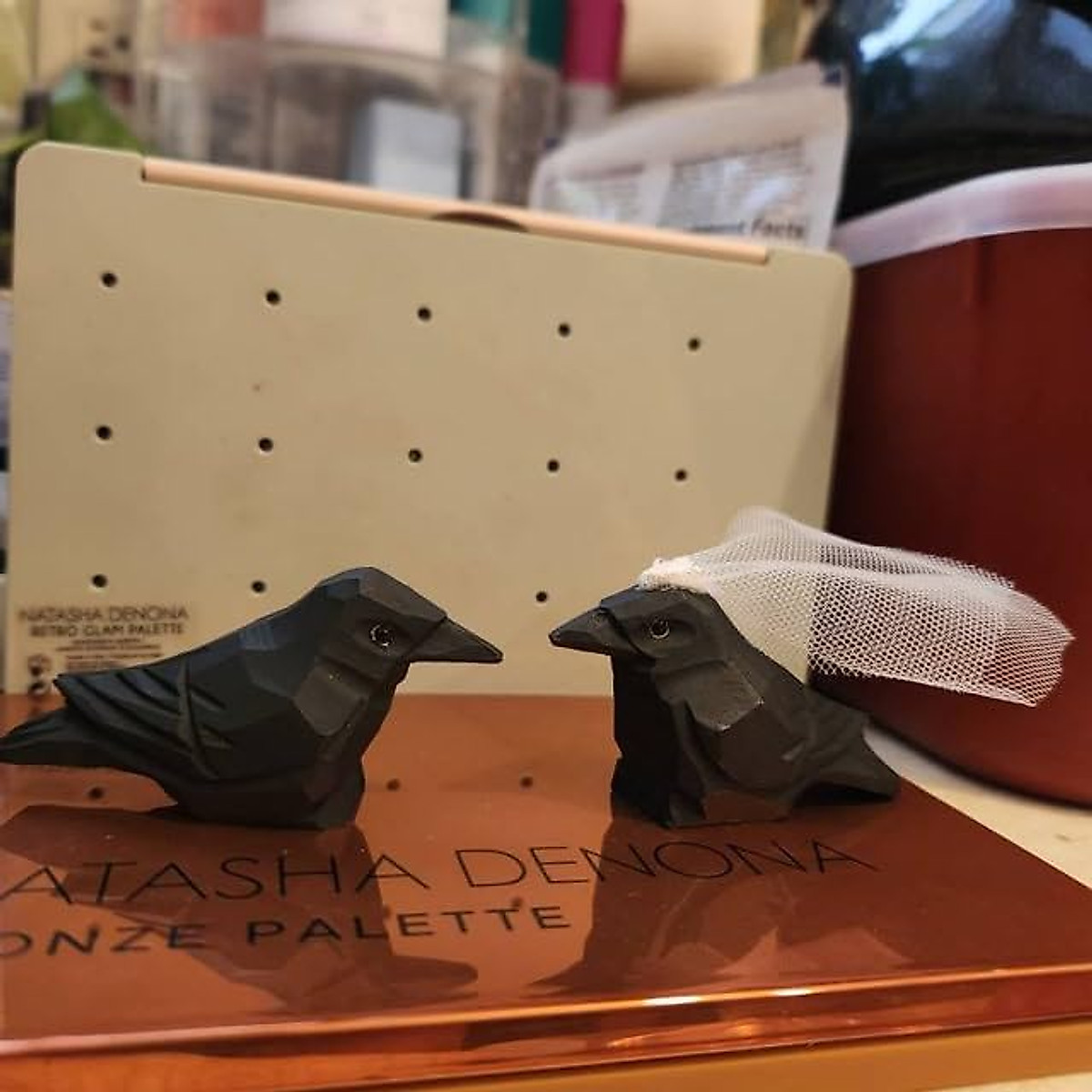 Raven Crow Black Birds Cake Topper Bride & Groom Wedding Engagement Anniversary Carved Wood Statue