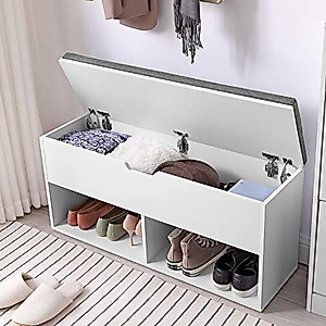VASAGLE Shoe Bench, Storage Bench with 2 Open and 1 Closed Compartments, Shoe Shelf, Padded Seat, for Entryway, Living Room, Bedroom, White and Gray LHS021W01